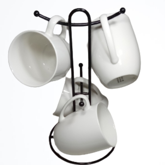 Dining | Four Arm Black Metal Mug Tree Holder With 4 White 14floz Mugs ...